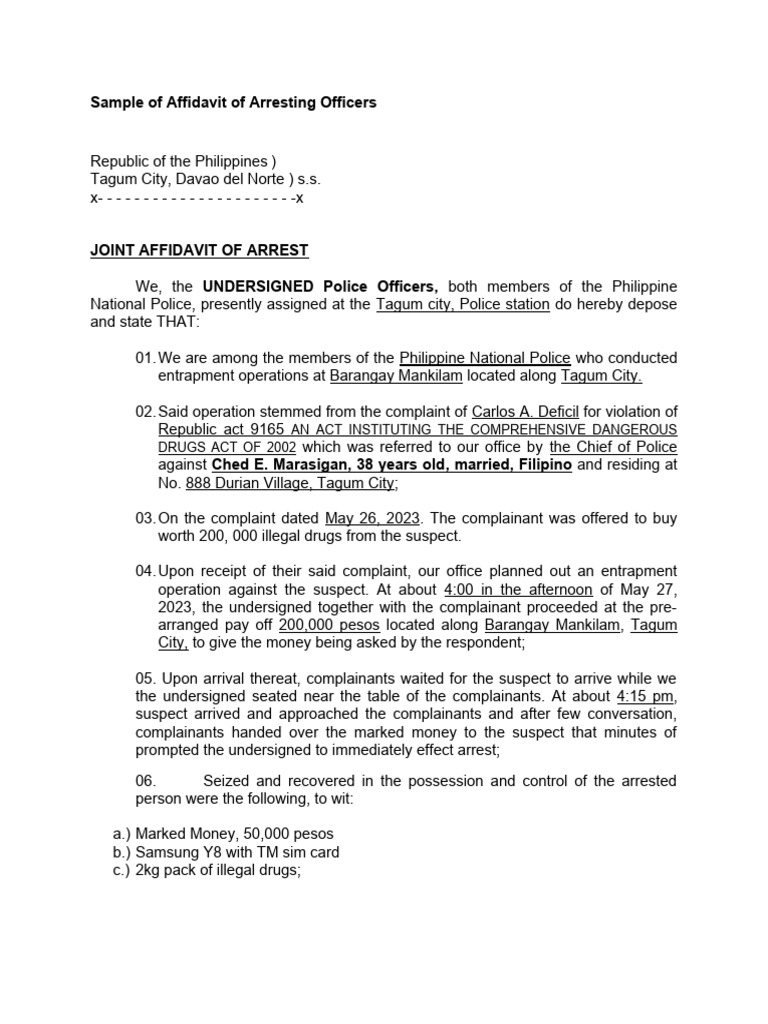Sample of Affidavit of Arresting Officers | PDF | Affidavit | Criminal Law