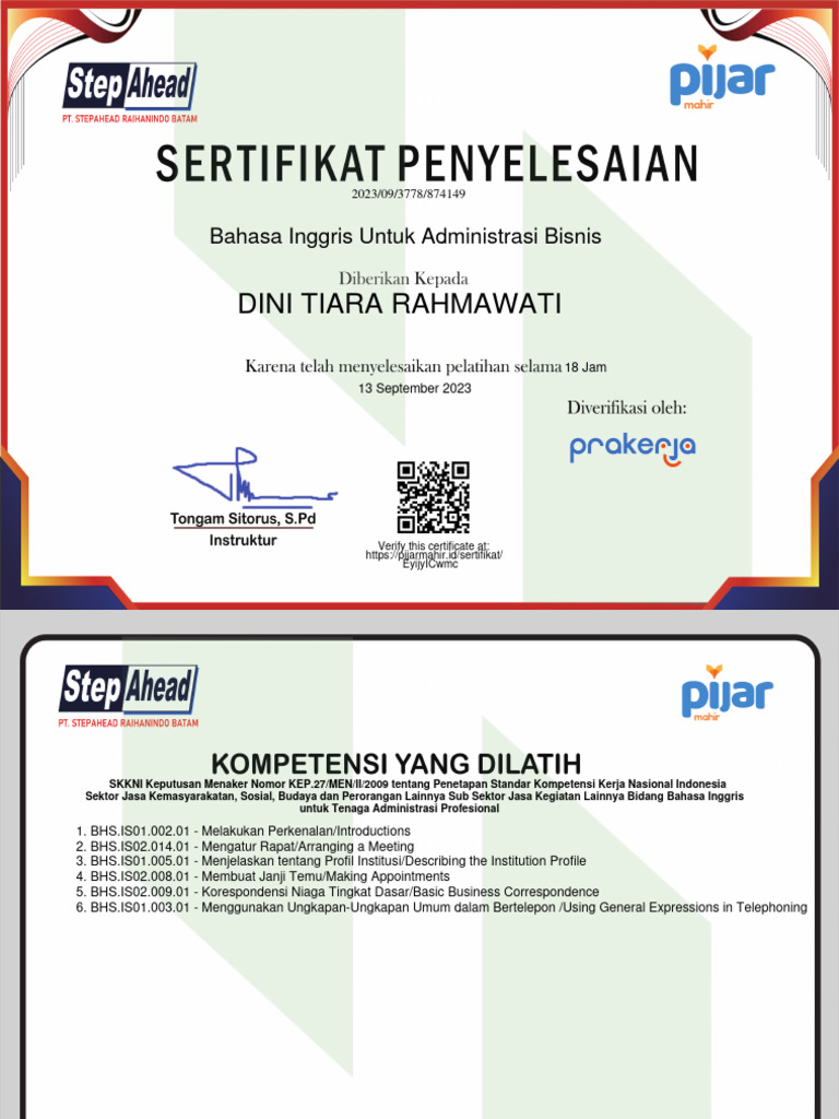 Sertifikat Pelatihan Dini Tiara | PDF