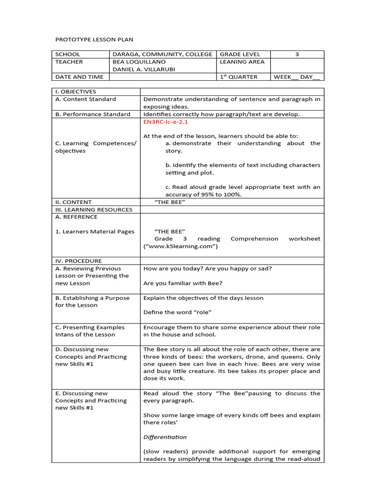 PROTOTYPE LESSON PLAN Bea - 123147 | PDF | Lesson Plan | Beehive
