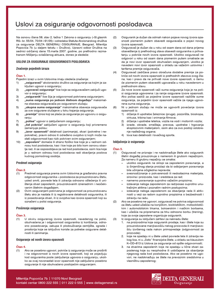 Uslovi Za Osiguranje Od Odgovornosti Poslodavca | PDF