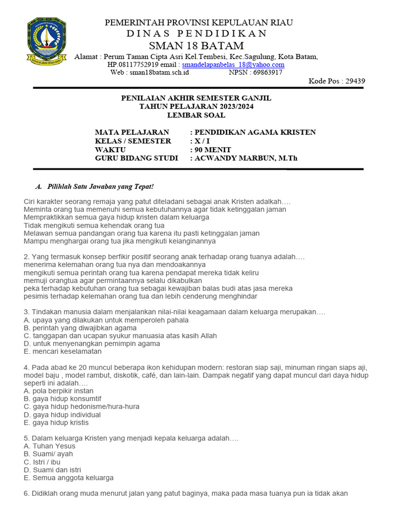 Contoh Soal Sumatif Akhir Kelas X Pdf