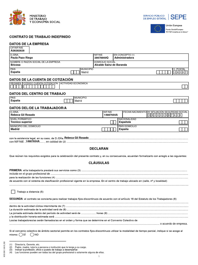 Contrato de Trabajo Indefinido | PDF | Tiempo de trabajo | Derecho laboral