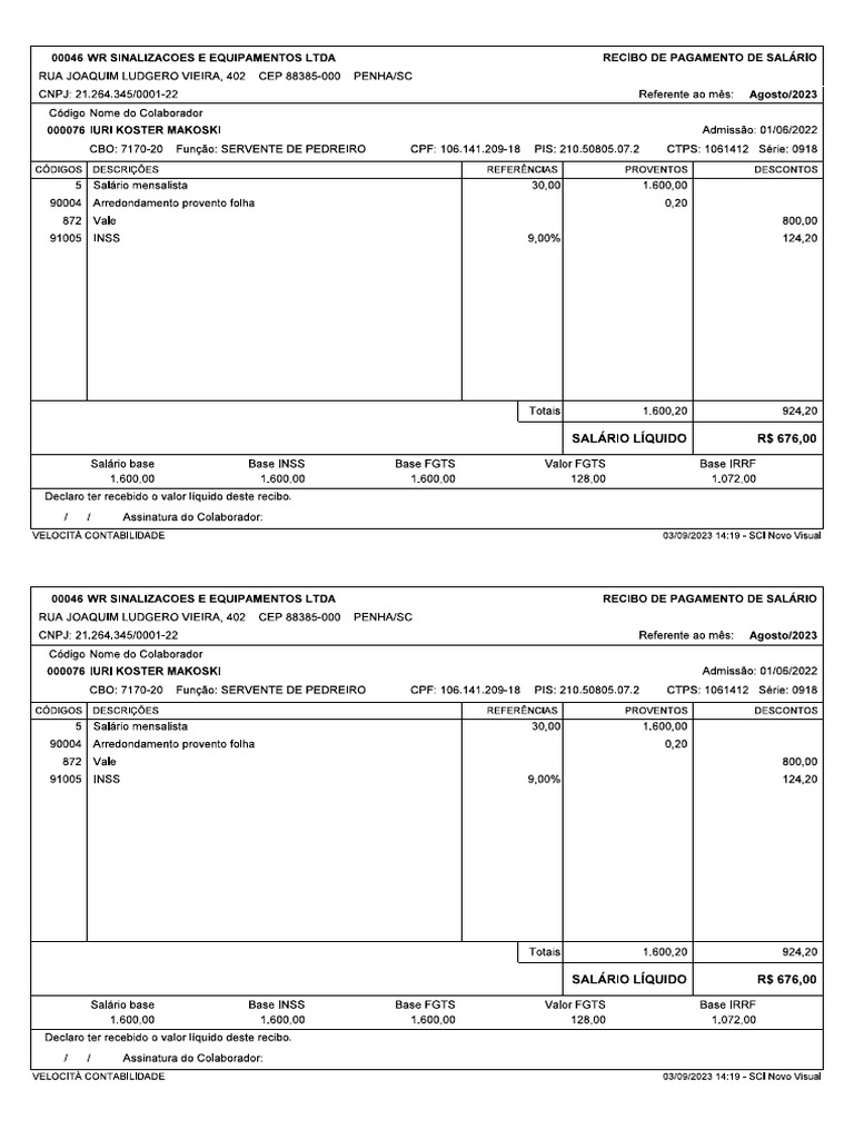 Holerite Mes 08.2023 Iuri | PDF