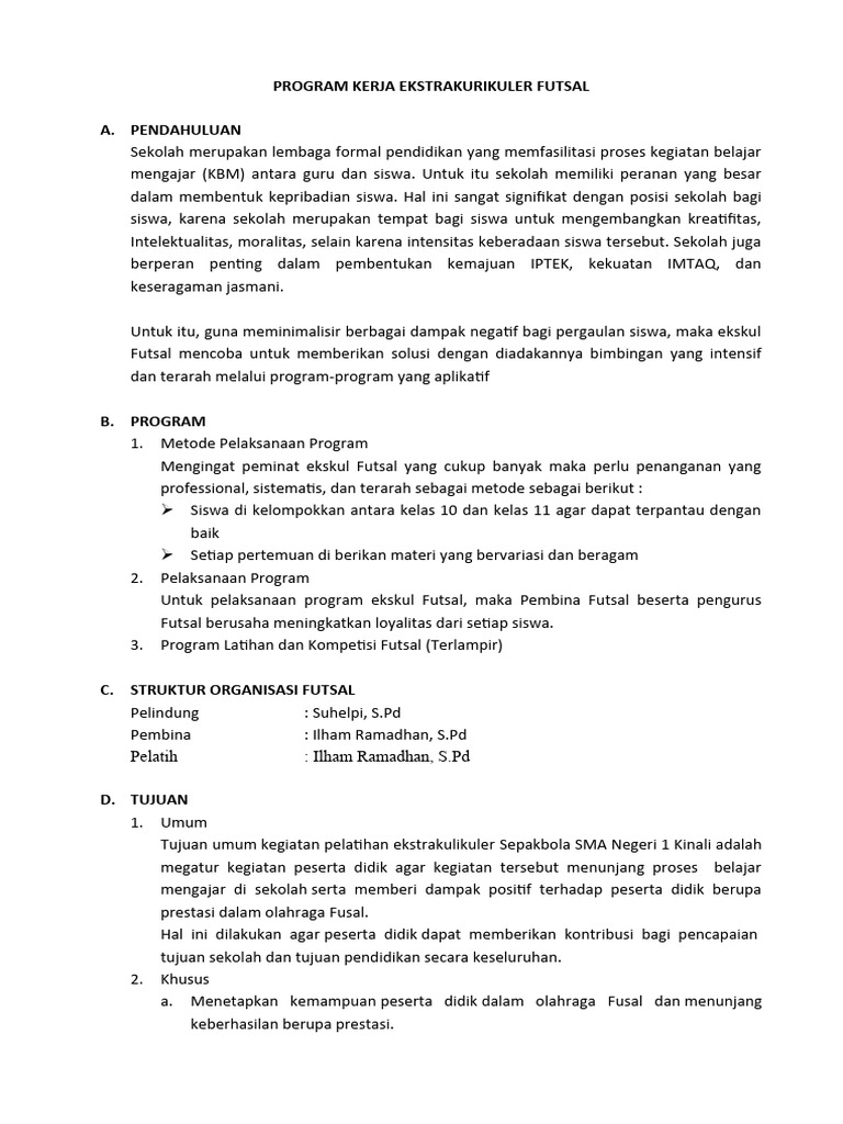 Program Kerja Ekstrakurikuler Futsal 2020 | PDF