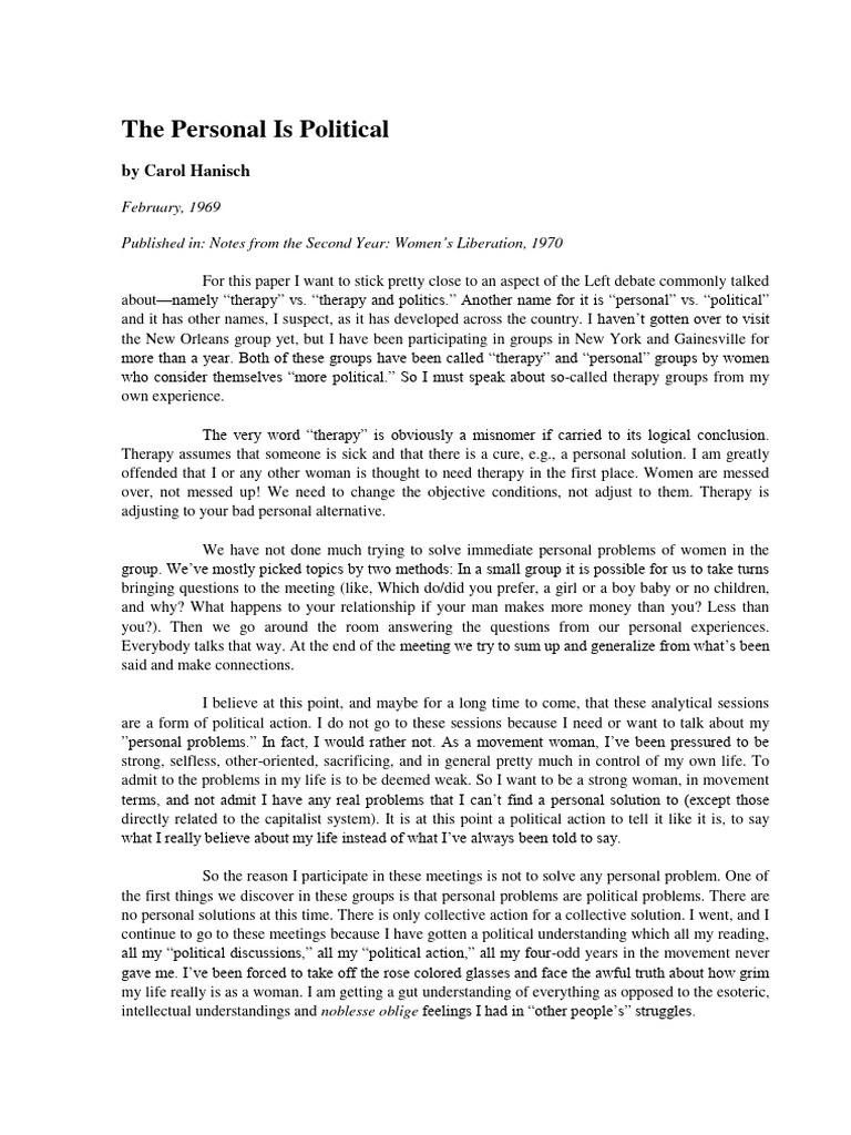 Carol Hanisch - The Personal Is Political | PDF | Reason | Experience