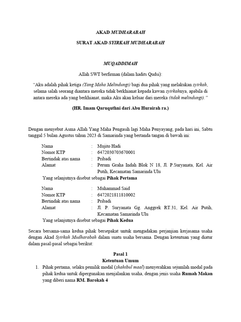 Draft Akad Mudharabah-1 | PDF | Hukum