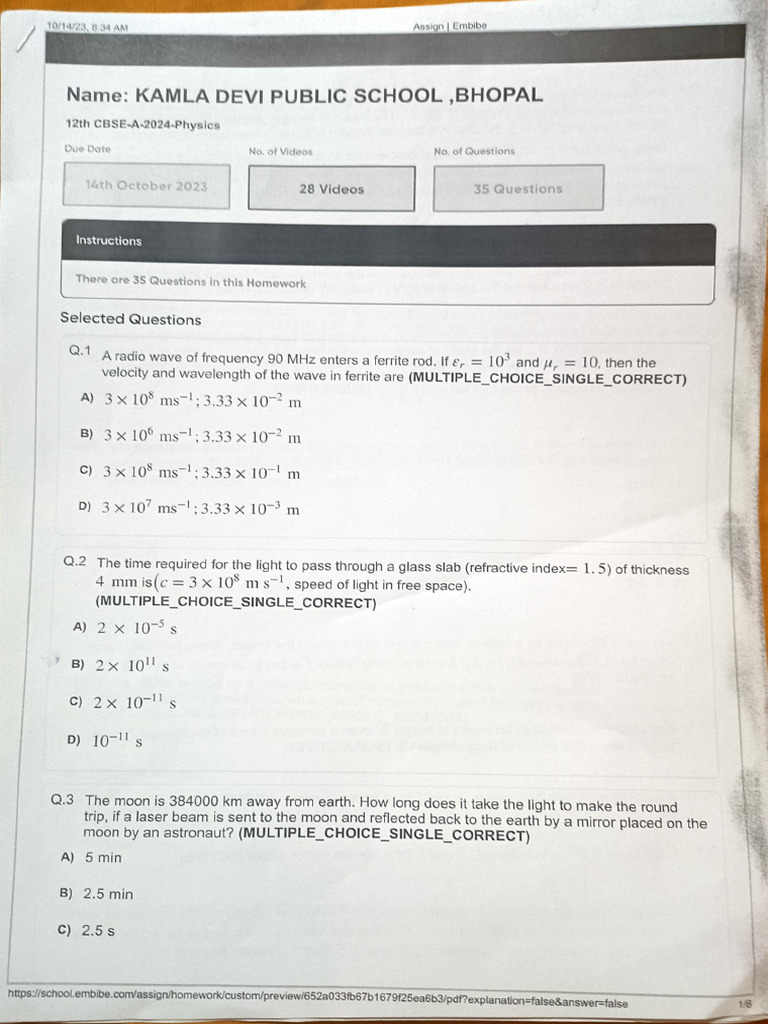 Physics Question Sheet | PDF