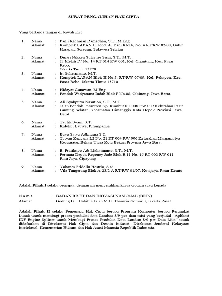 Surat Pengalihan HCR BRIN - SW-IDF-Splitter - Landsat9 | PDF