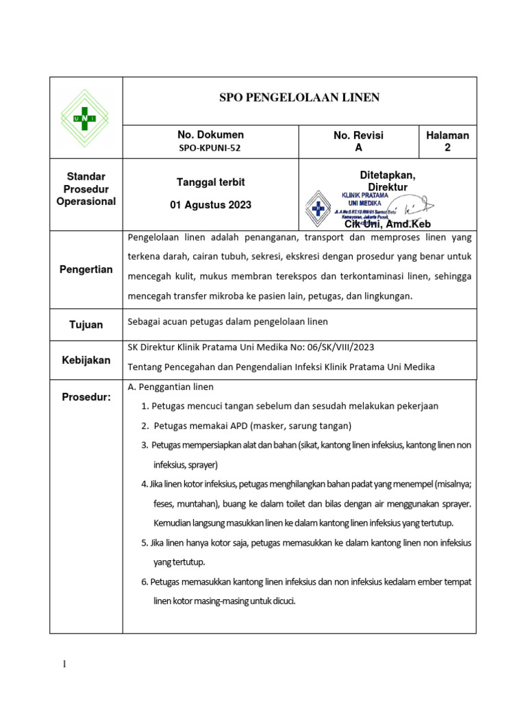 Spo Pengelolaan Linen | PDF