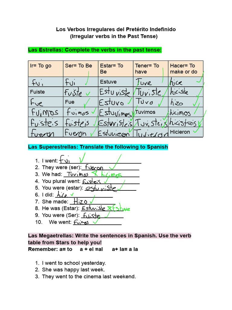 Los Verbos Irregulares Del Pretérito Indefinido | PDF