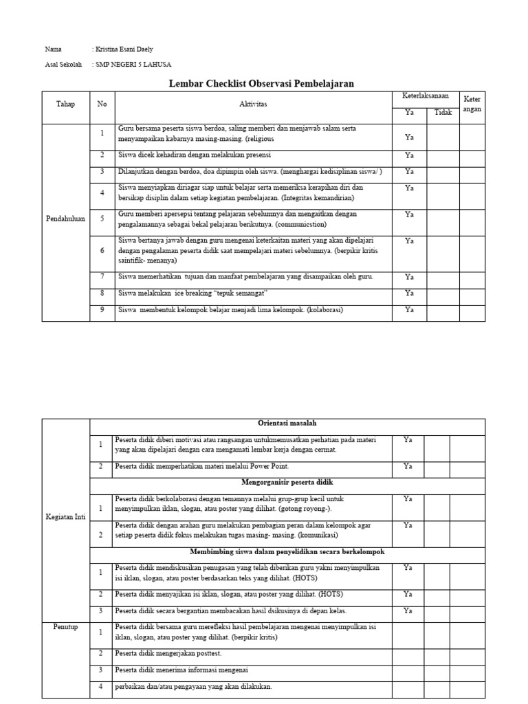 Lembar Checklist Observasi | PDF