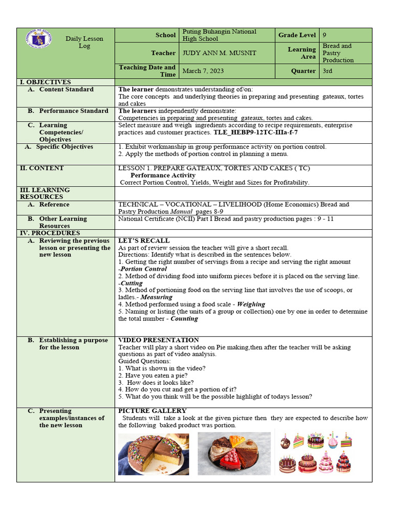 Portion Control On Pie Making | PDF | Cakes | Teachers