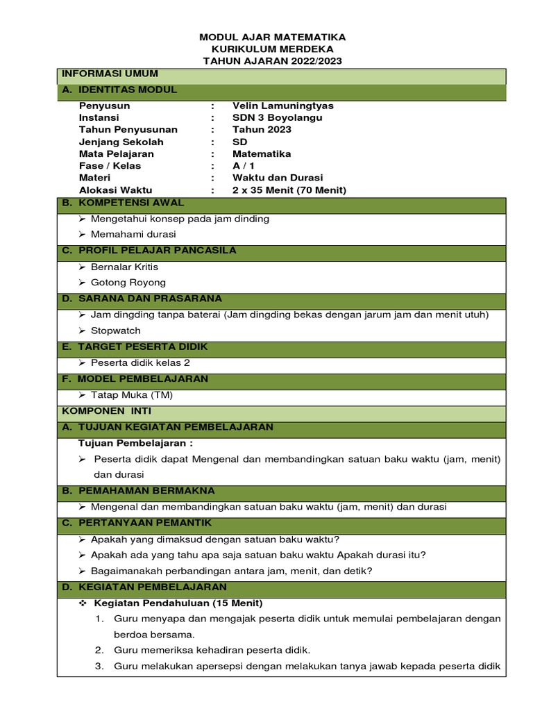 RPP Kelas 2 Semester 1 Tahun 2023-2024 - Velin - Waktu Dan Durasi | PDF