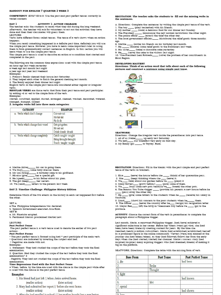 Handout For English 7 Quarter 2 Week 3 | PDF | Grammatical Tense | Verb