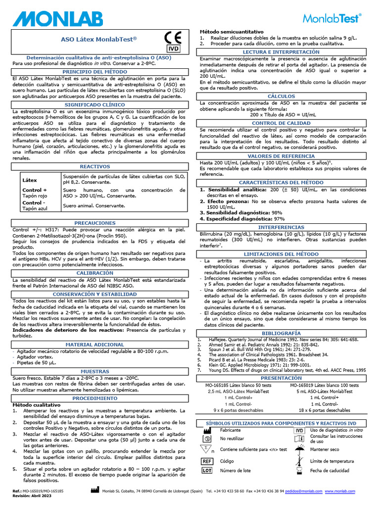 IFU ASO Latex Monlabtest | PDF | Especialidades Medicas | Medicina CLINICA