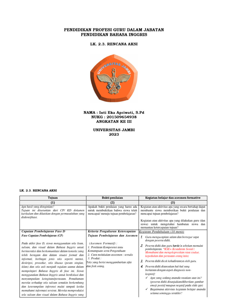 Rencana Aksi Pembelajaran Bahasa Inggris | PDF | Karier & Perkembangan
