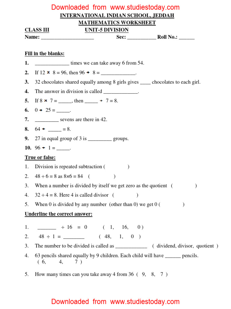 CBSE Class 3 Mathematics Worksheet (83) - Division | PDF | Division ...