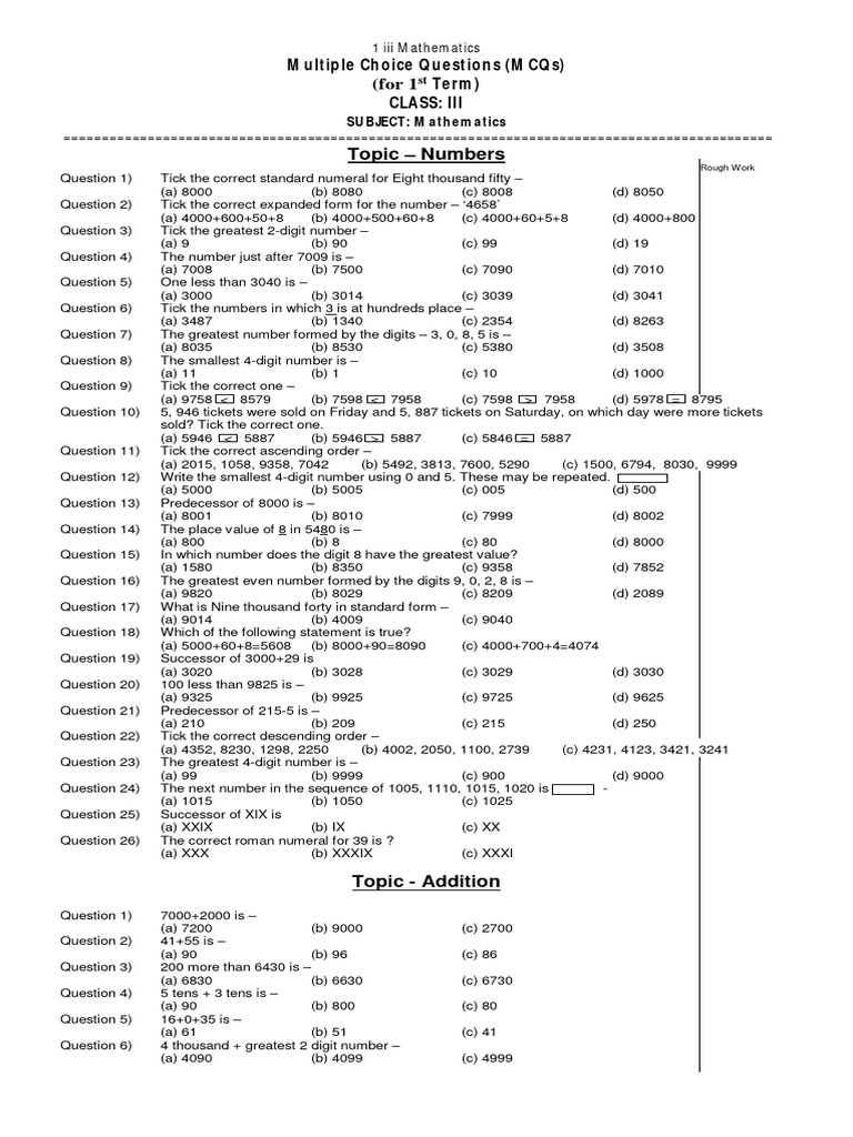 CLASS 3 Mathematics | PDF | Multiple Choice | Numbers