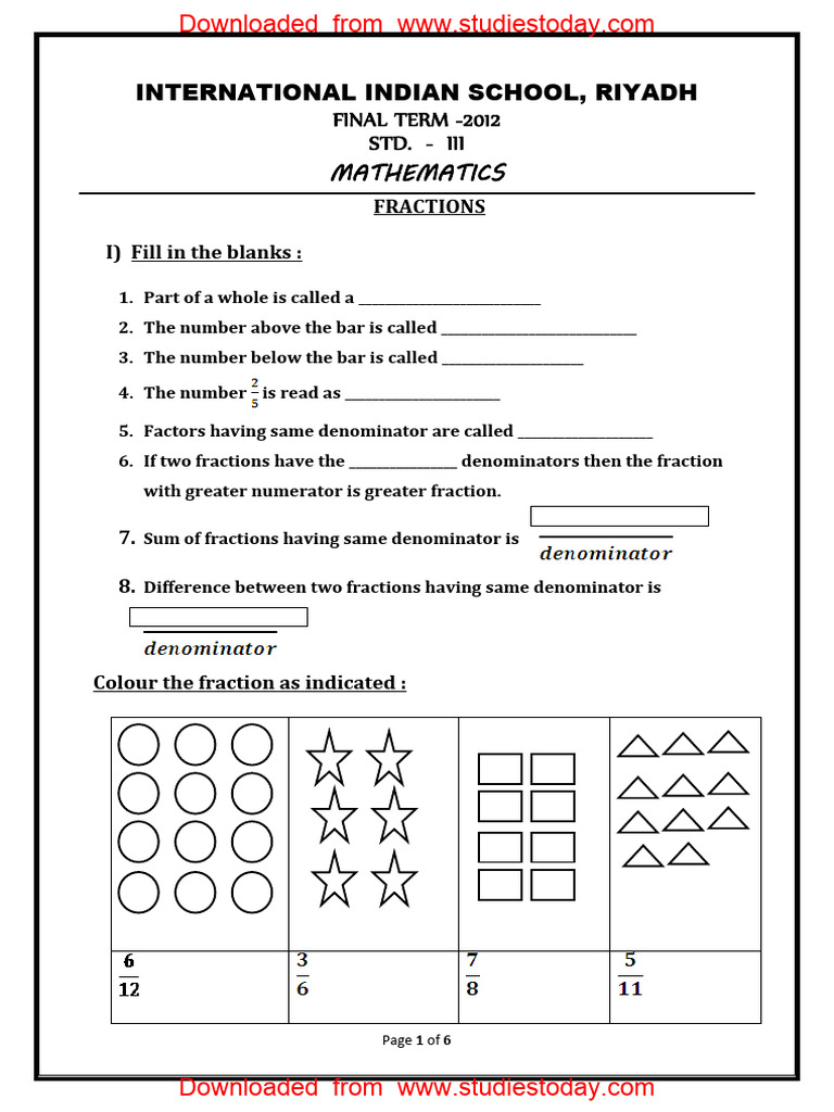 CBSE Class 3 Mathematics Worksheet (56) - Fractions | PDF | Encodings ...