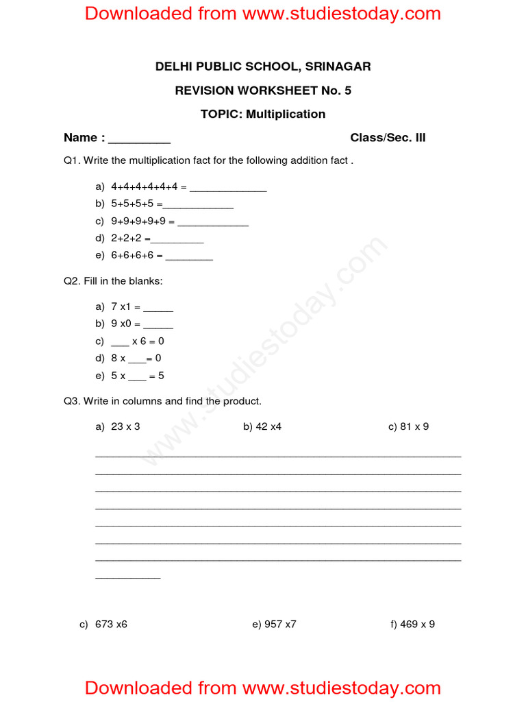 CBSE Class 3 Mathematics-Multiplication | PDF