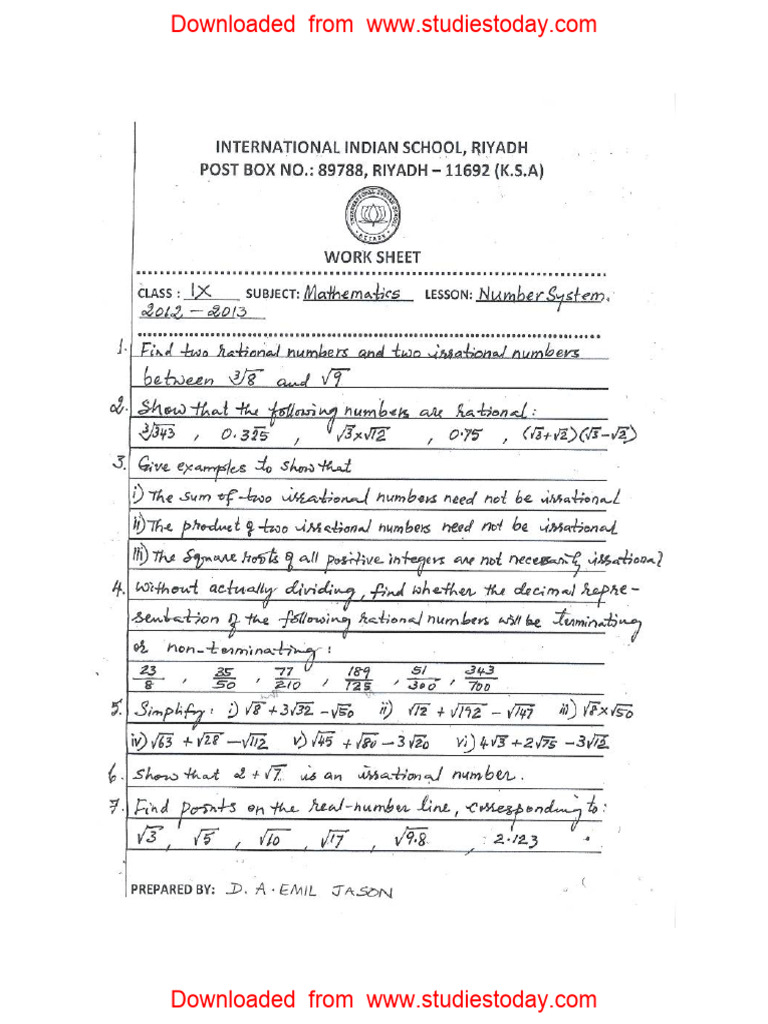 CBSE Class 9 Mathematics Worksheet - Number System | PDF