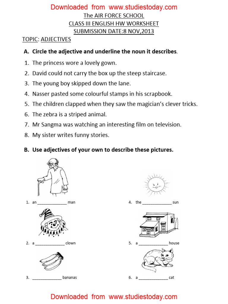 CBSE Class 3 English Practice Worksheets (74) - Adjectives | PDF