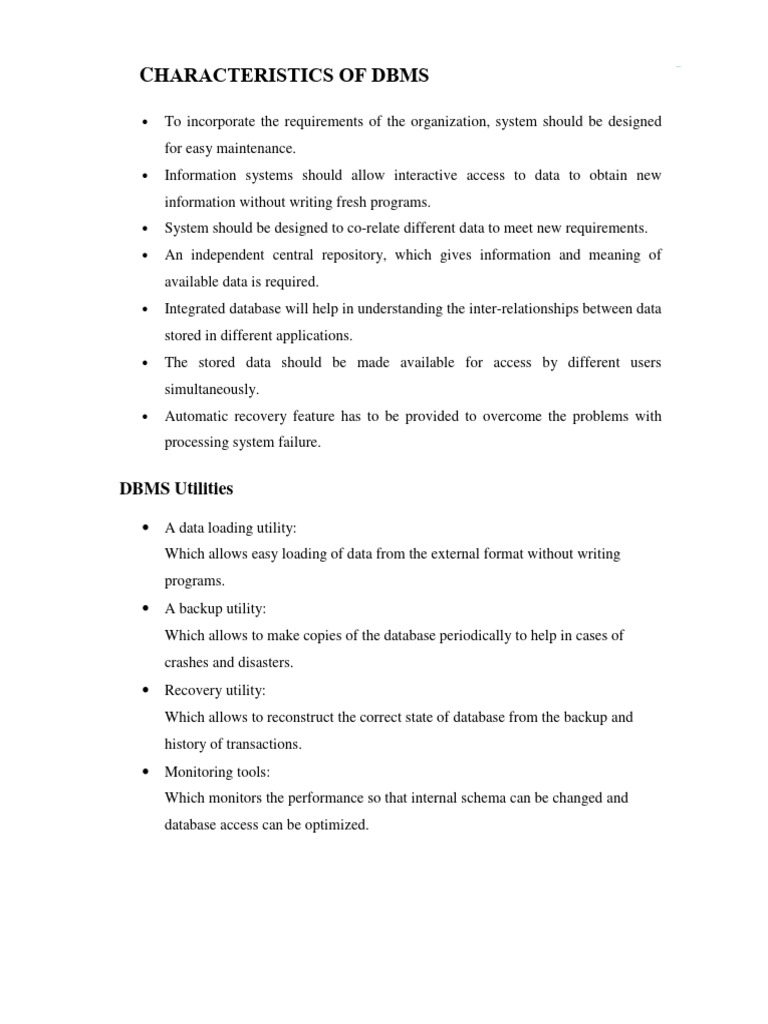Characteristics of DBMS | PDF | Databases | File System