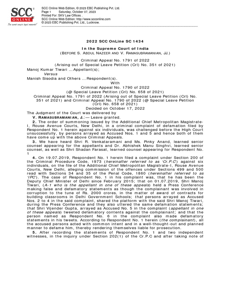 J 2022 SCC OnLine SC 1434 20231007 215054 1 18 | PDF | Defamation ...