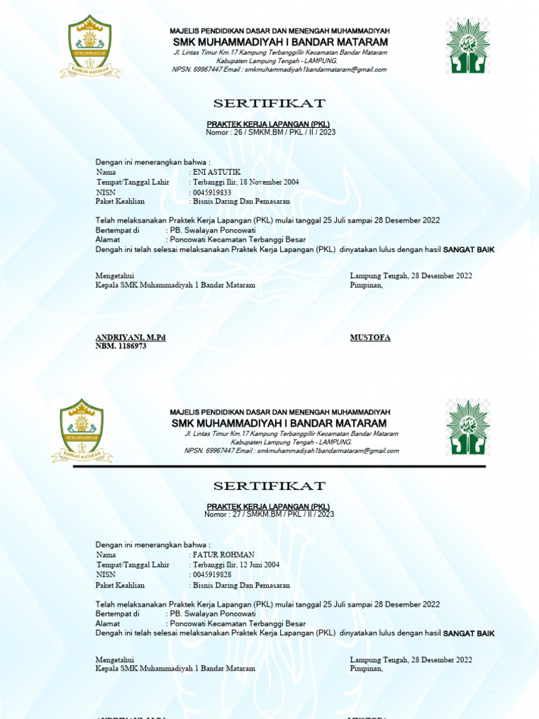 Sertifikat PKL | PDF