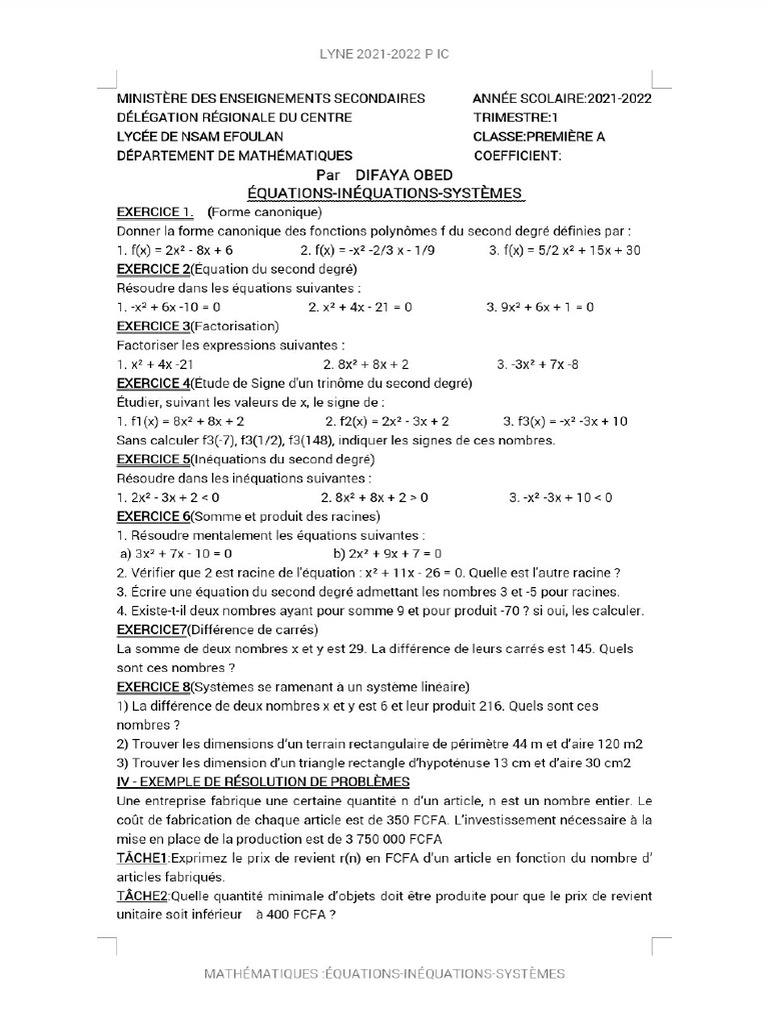 Fiche TD Eq Ineq Sys | PDF