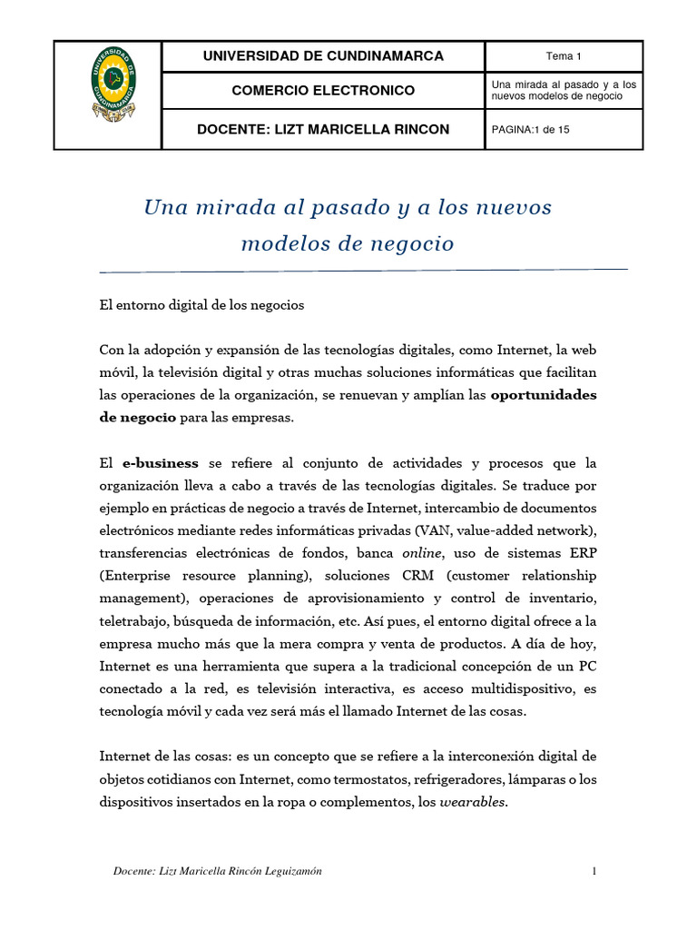 Tema 1 - Lectura Una Mirada Al Pasado y A Los Nuevos Modelos de Negocio ...
