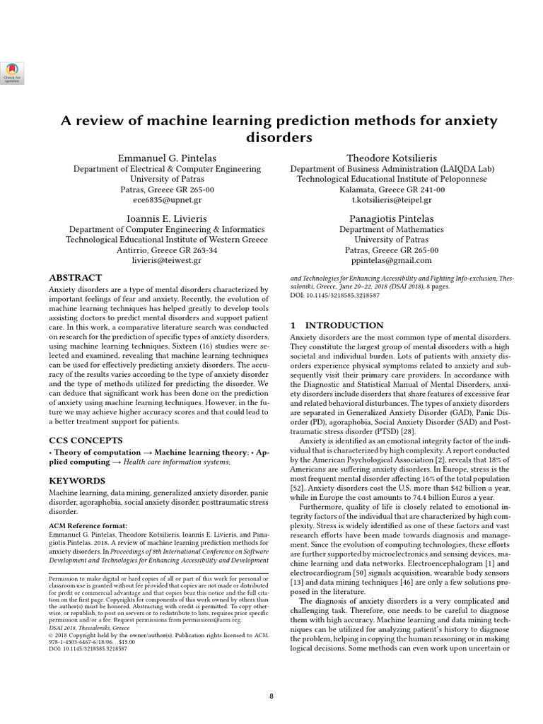 2018 - ACM - A Review of Machine Learning Prediction Methods For Anxiety Disorders | PDF
