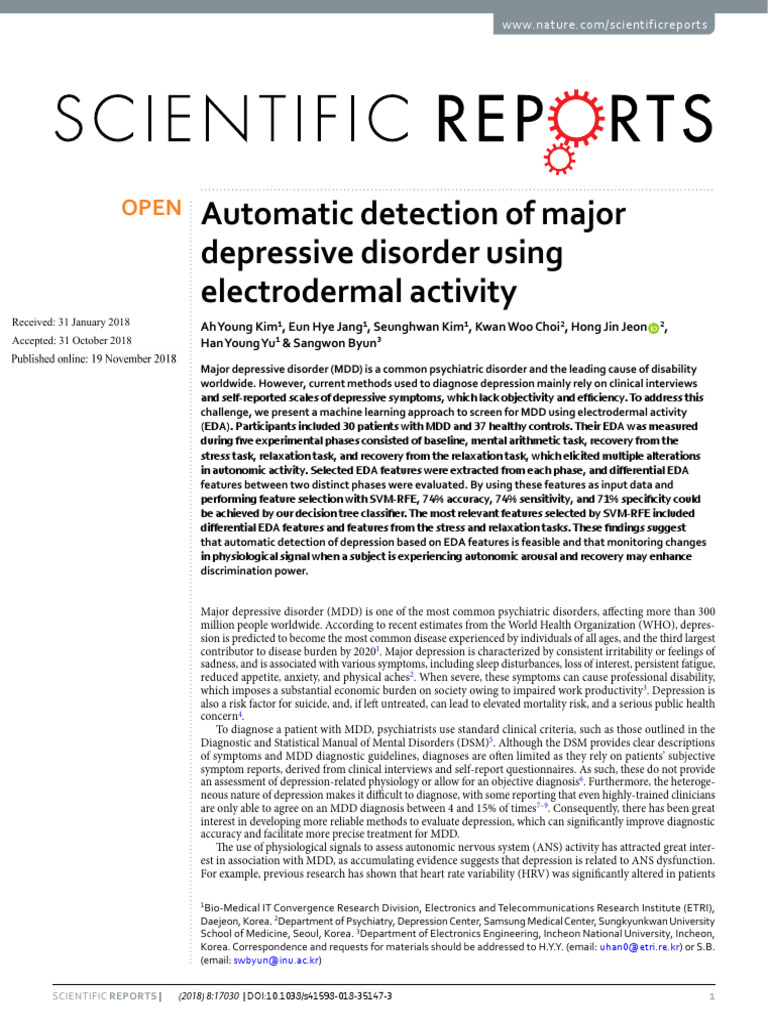 2018 Nature Automatic Detection Of Major Depressive Disorder Using