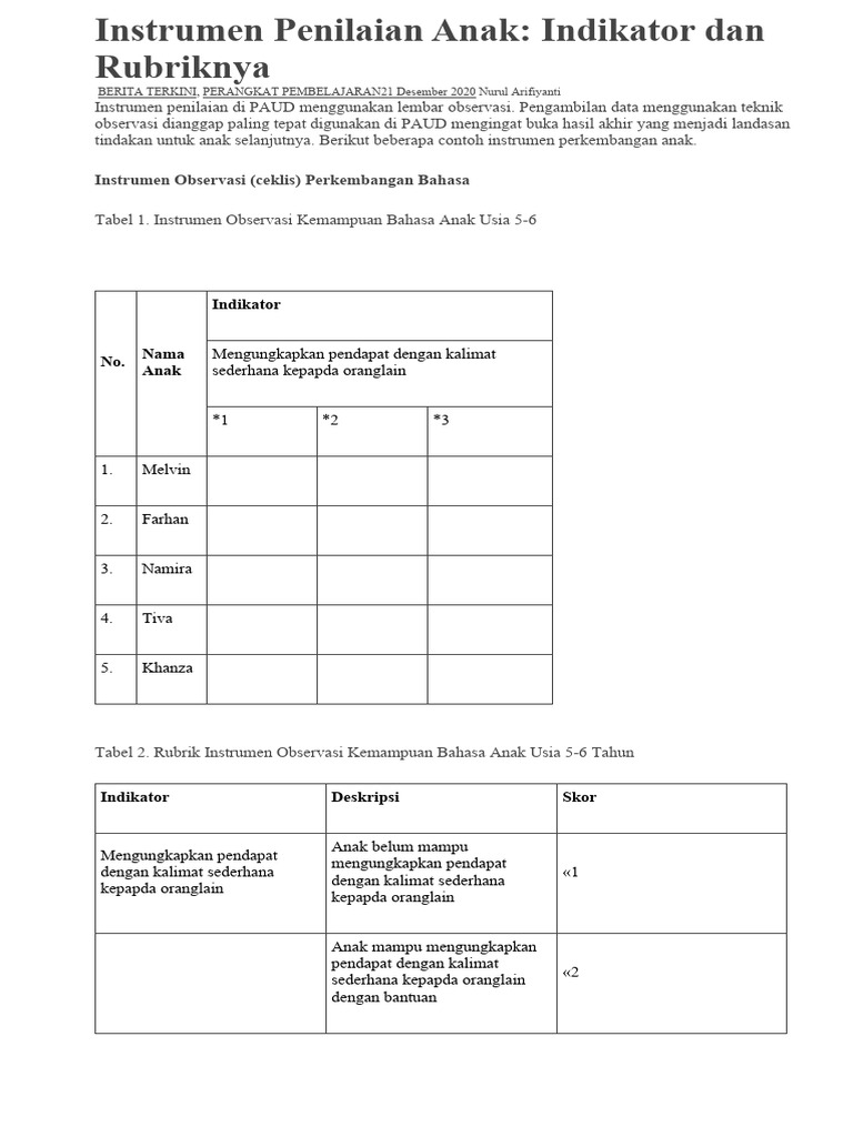 Instrumen Penilaian Anak | PDF | Pengembangan Diri | Kesehatan Holistik