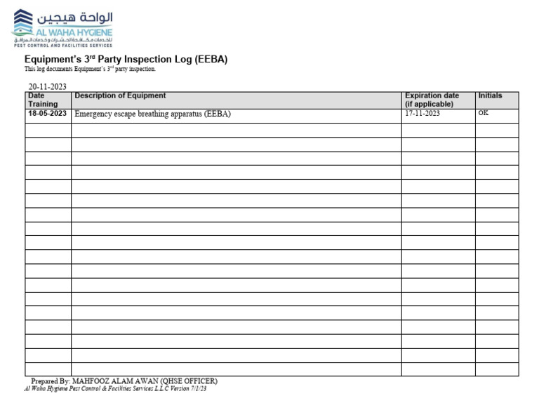 EEBA Inspection Log | PDF