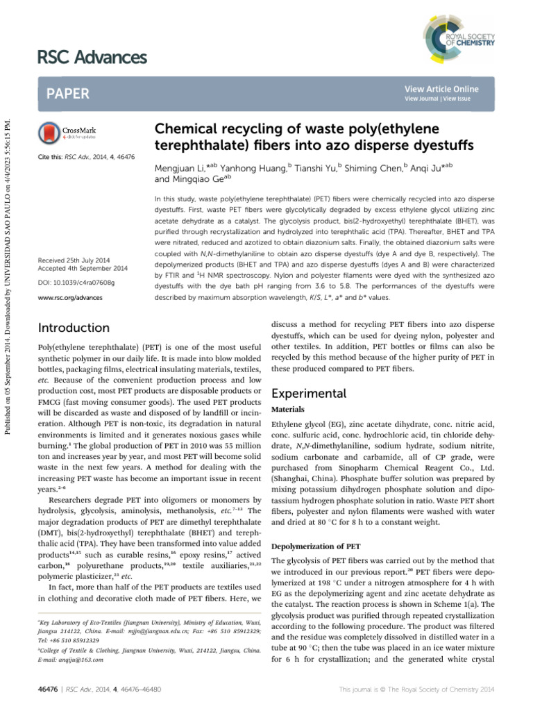 Chemical Recycling of Waste Poly (Ethylene Terephthalate) Fibers Into ...