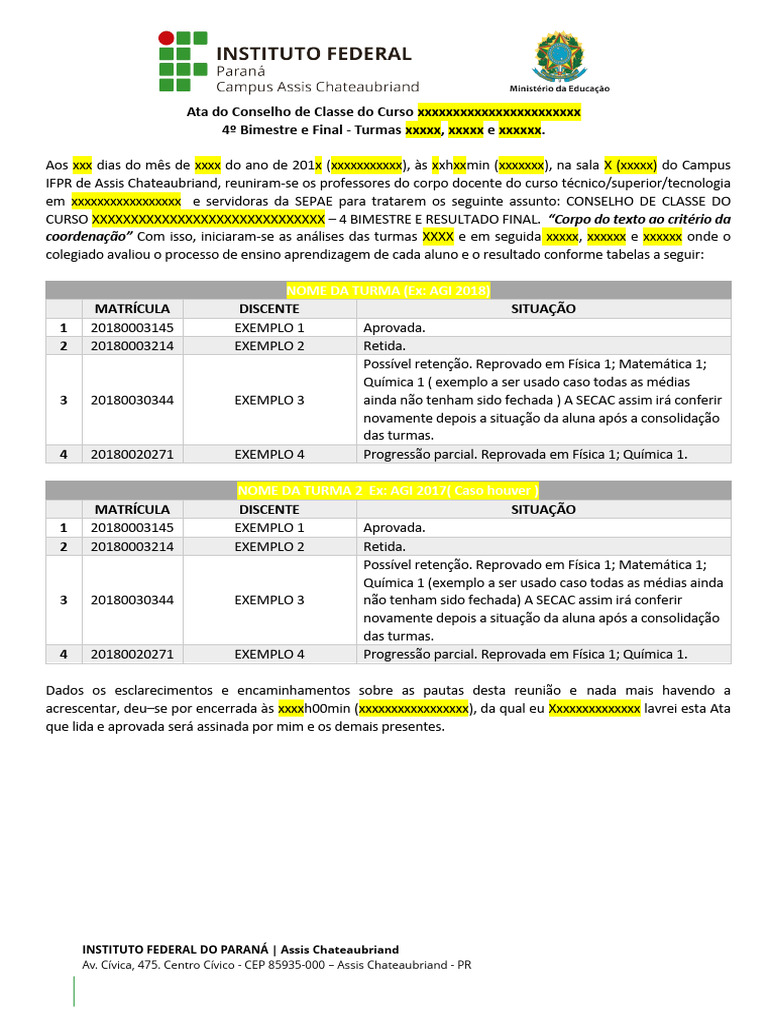 Modelo de ATA Final de Periodo Letivo | PDF