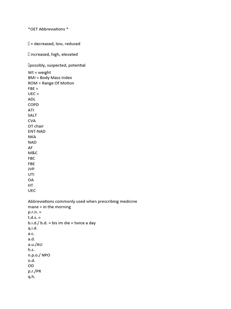 OET Abbreviations | PDF