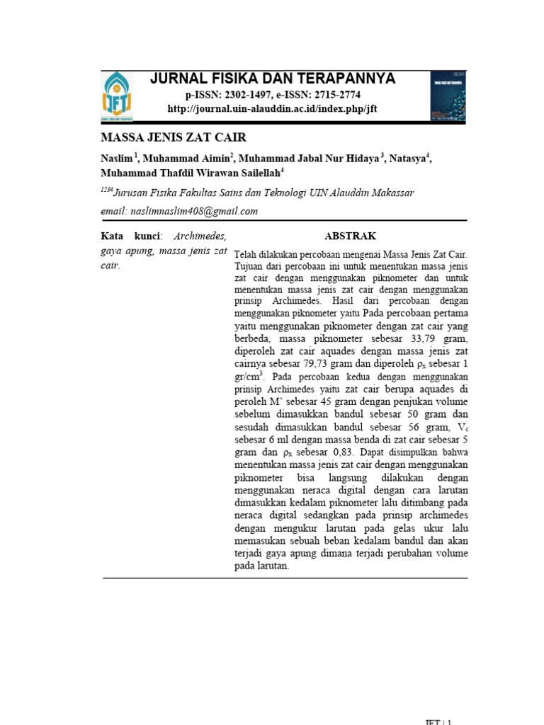 Jurnal Massa Jenis Zat Cair | PDF