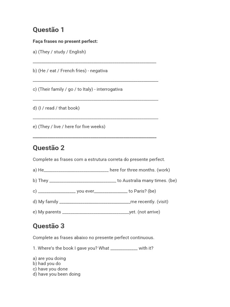 Exercicios Present Perfect e Present Perfect Continuous | PDF