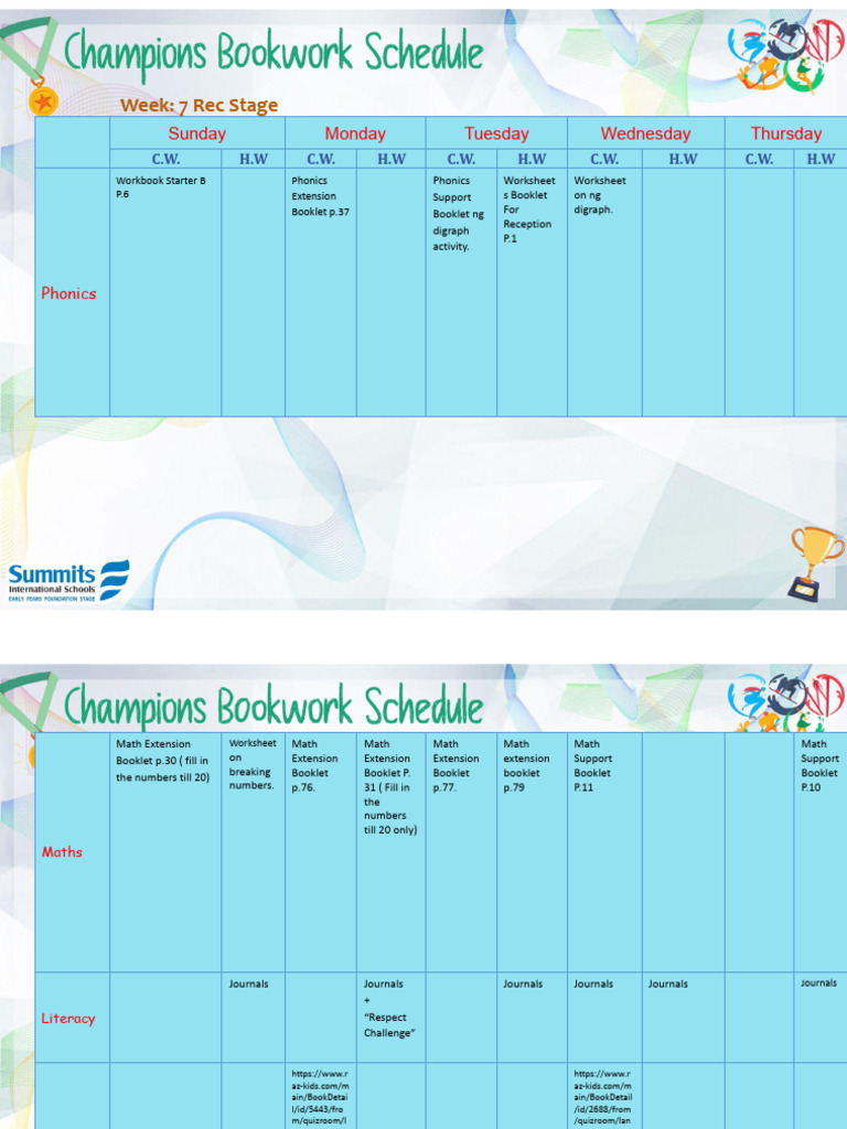 Rec Bookwork Schedule Week 7 | PDF