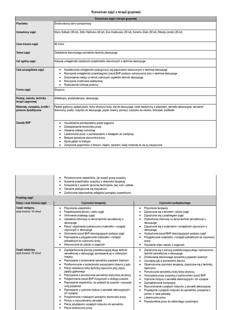 przykładowy scenariusz zajęć z terapii grupowej | PDF przykładowy scenariusz zajęć z terapii grupowej | PDF
