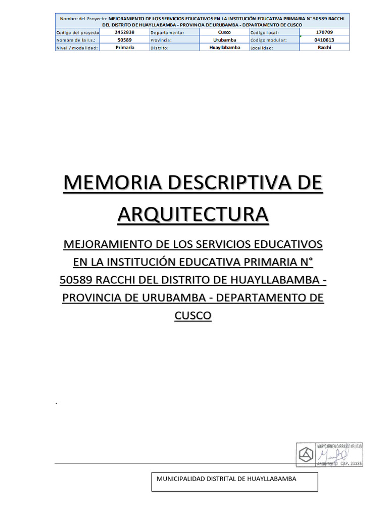 01 Memoria Descriptiva Arquitectura Iep 50589 Racchi | PDF | Salón de clases | Educación primaria