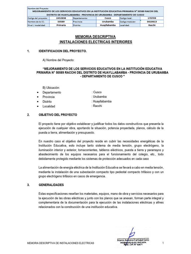 01 Memoria Descriptiva Ins Electricas Iep 50589 Racchi | PDF | Ingenieria Eléctrica | Transformador