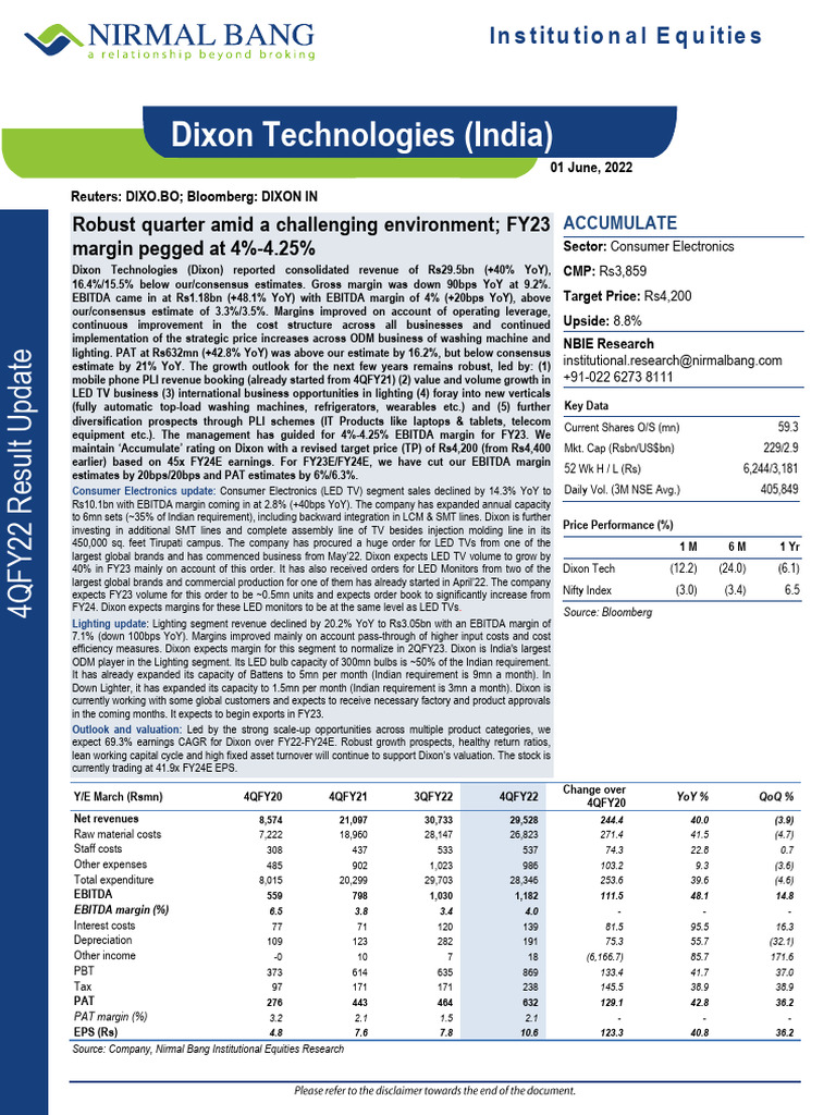 Dixon Technologies Q4 Result Update Nirmal Bang | PDF | Financial Analyst | Securities (Finance)