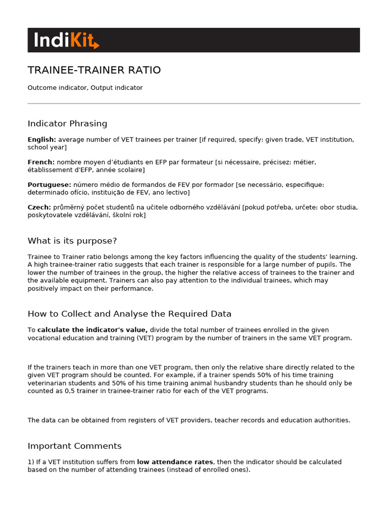 Indicator Trainee Trainer Ratio | PDF | Vocational Education | Teachers