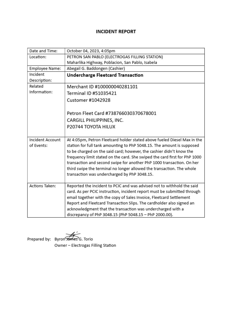 Undercharge Incident Report: Fleetcard | PDF | Finance & Money ...