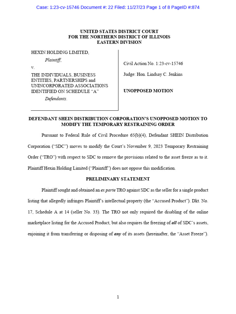 Hexin v. Schedule A - Shein Motion To Modify | PDF | Injunction | Civil Law (Common Law)