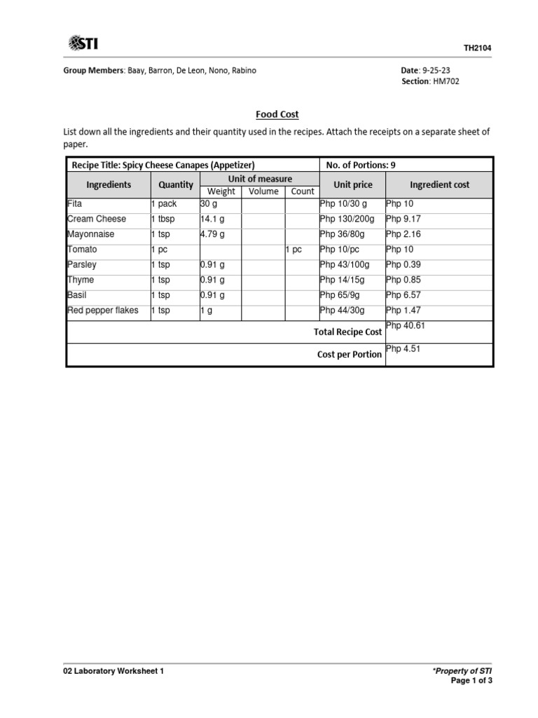 03 Laboratory Exercise 1 Costing | PDF | Foods | Food And Drink Preparation