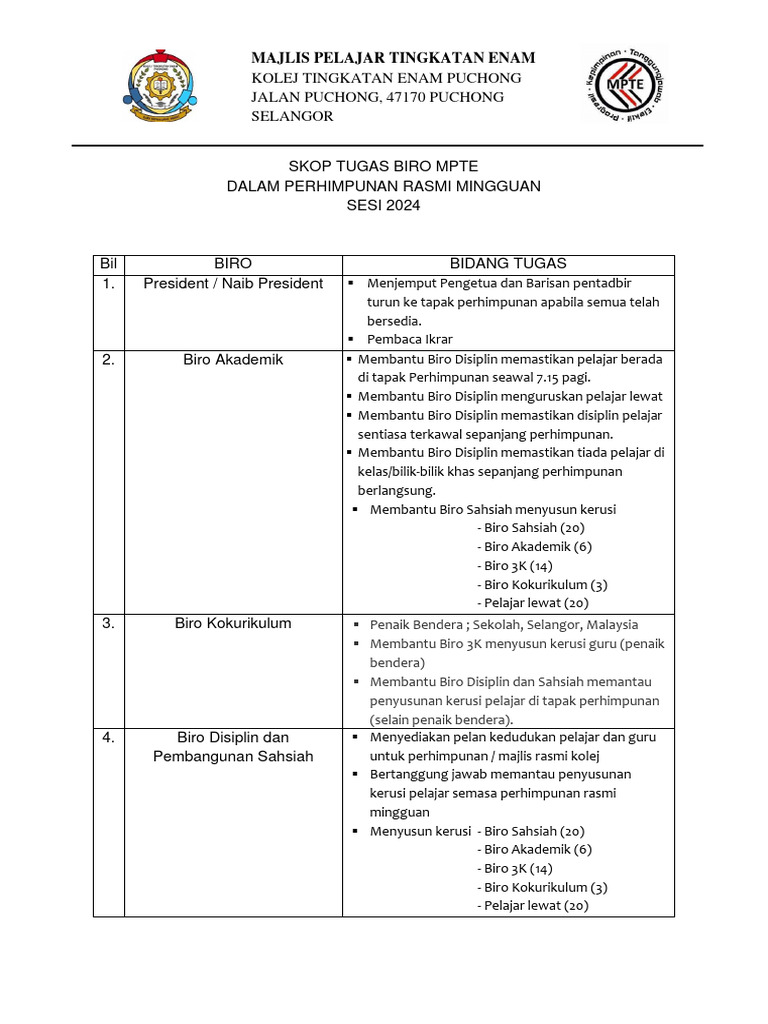 Tugas - Tugas Biro Dan Pelan Kedudukan Perhimpunan Rasmi | PDF